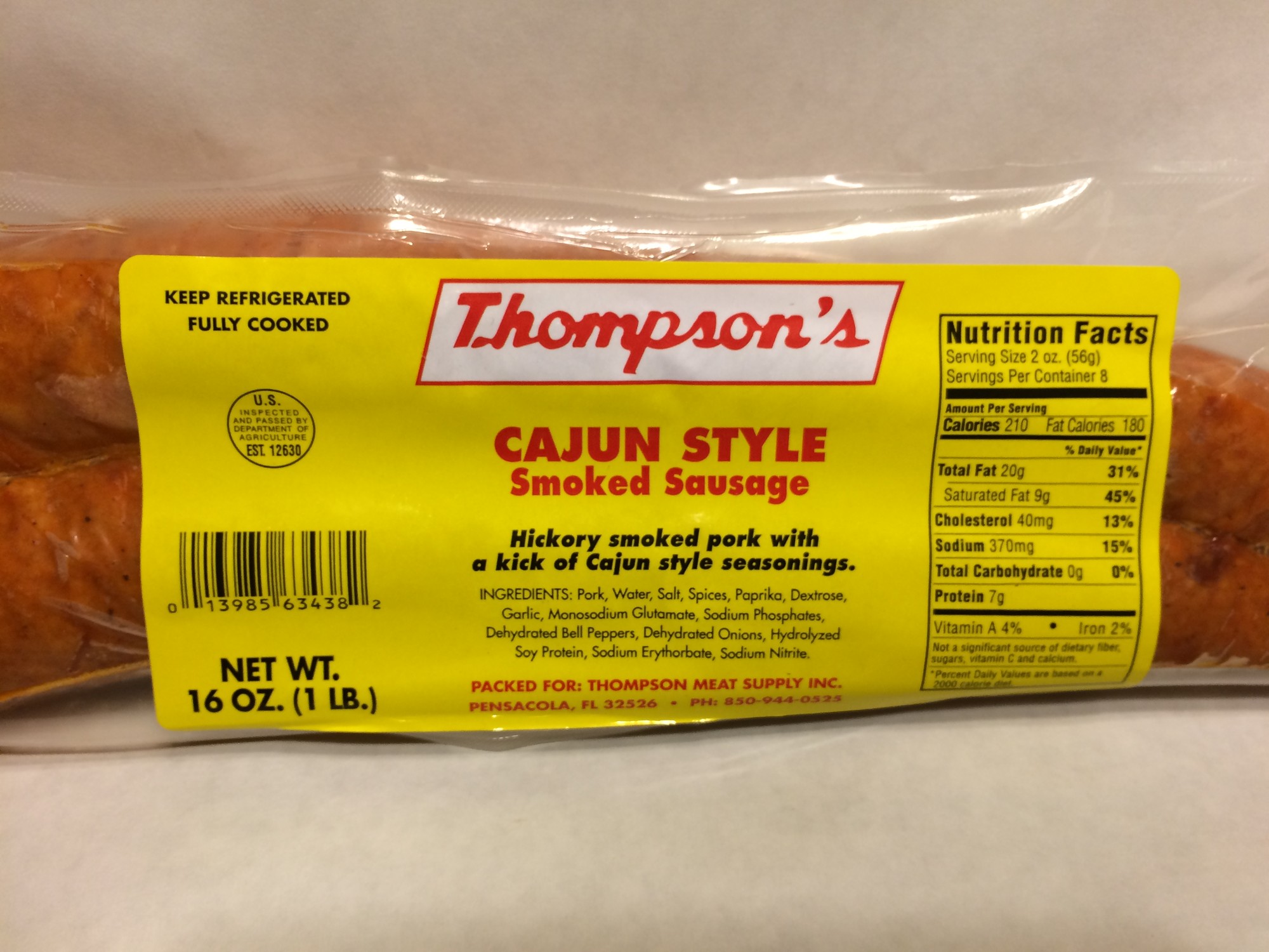 Diet info for Thompson's Meat Supply Cajun Style Smoked Sausage, 16 Oz ...